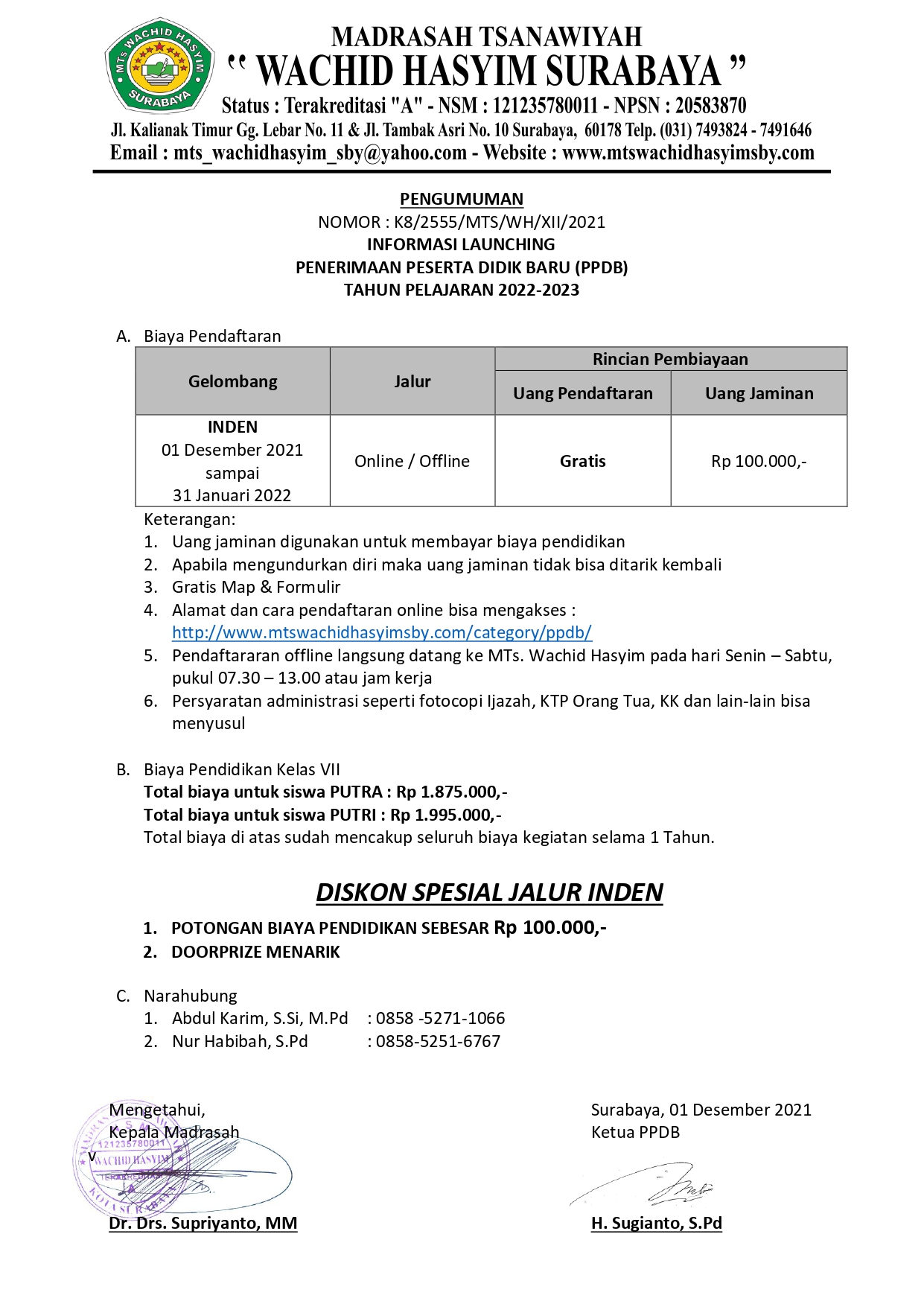 INFORMASI PPDB JALUR INDEN 2022-2023 – MTs. WACHID HASYIM SURABAYA