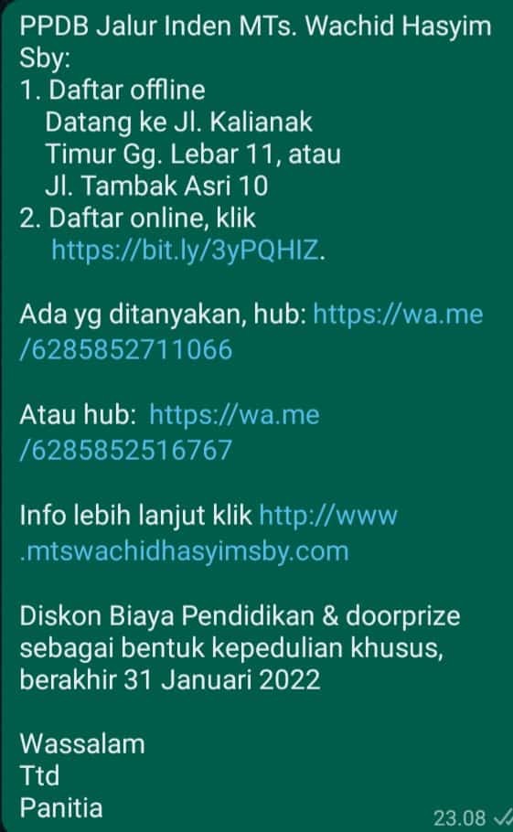 INFORMASI PPDB JALUR INDEN 2022-2023 – MTs. WACHID HASYIM SURABAYA
