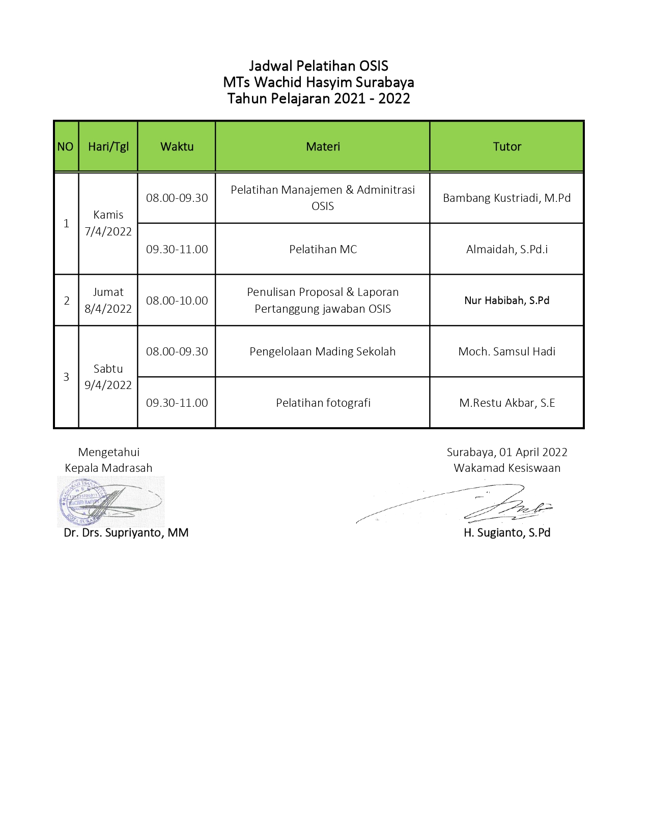JADWAL PELATIHAN OSIS MTs WACHID HASYIM TAPEL 2021/2022 – MTs. WACHID ...